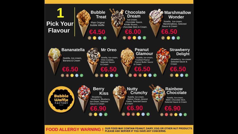Menu at Bubble waffle factory cafe, Dublin, 20 Liffey street lower