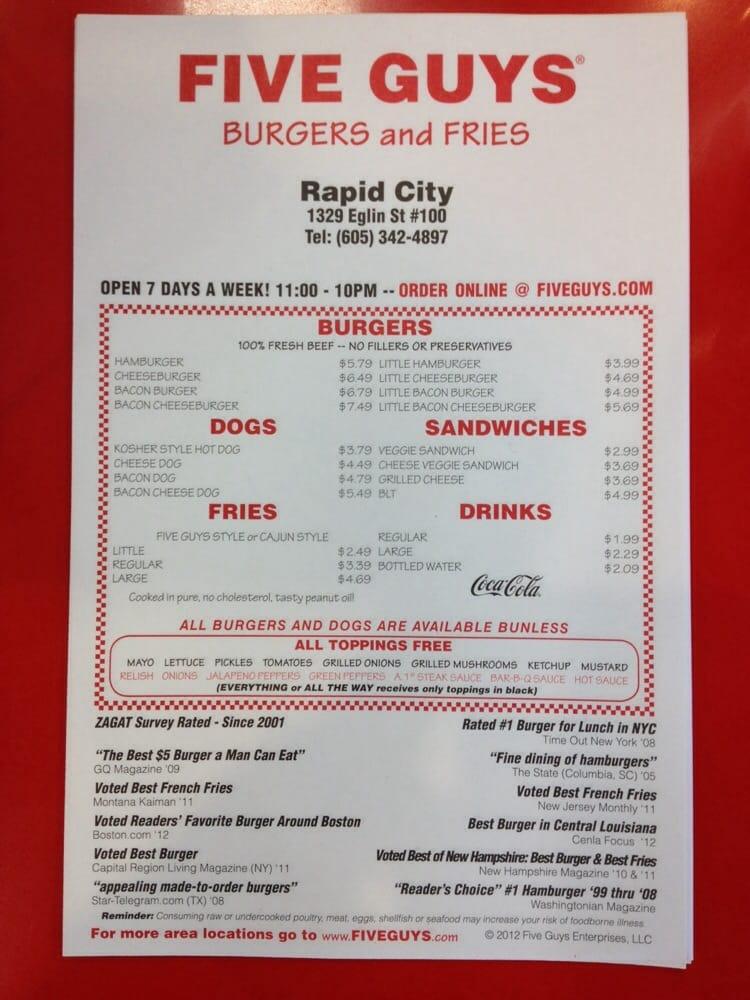 Carta de comida rápida Five Guys, Rapid City, Eglin St #100