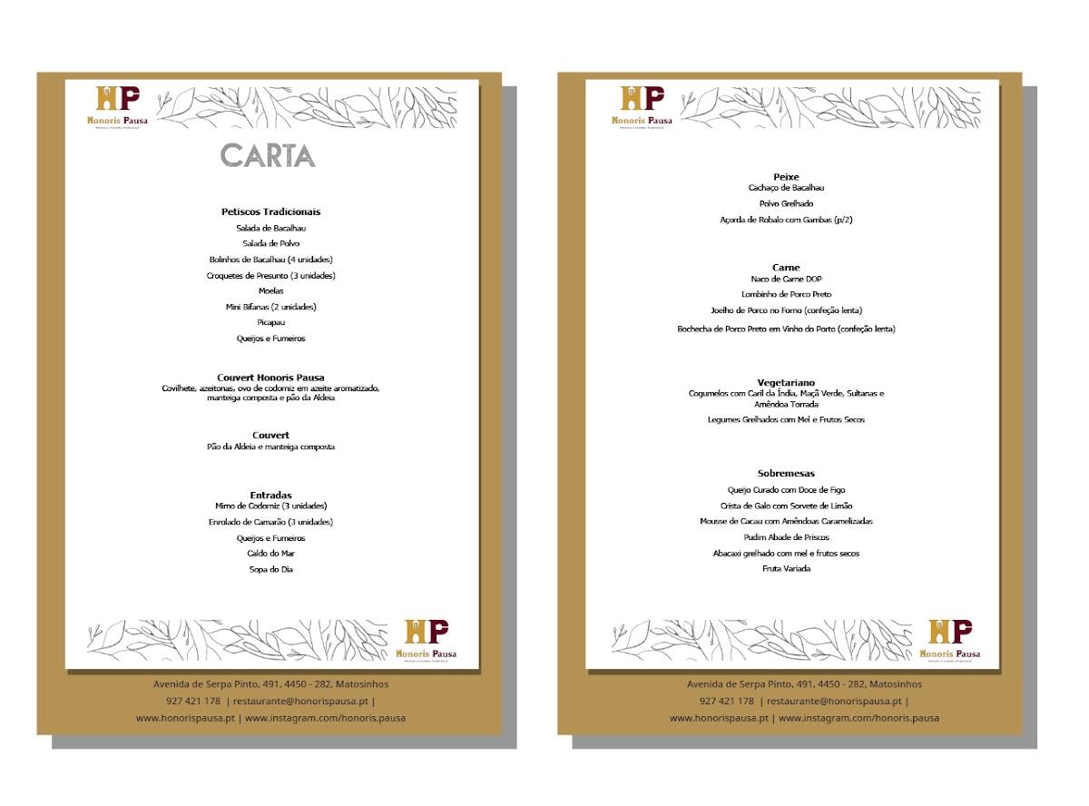 Menu em Honoris Pausa restaurante, Matosinhos