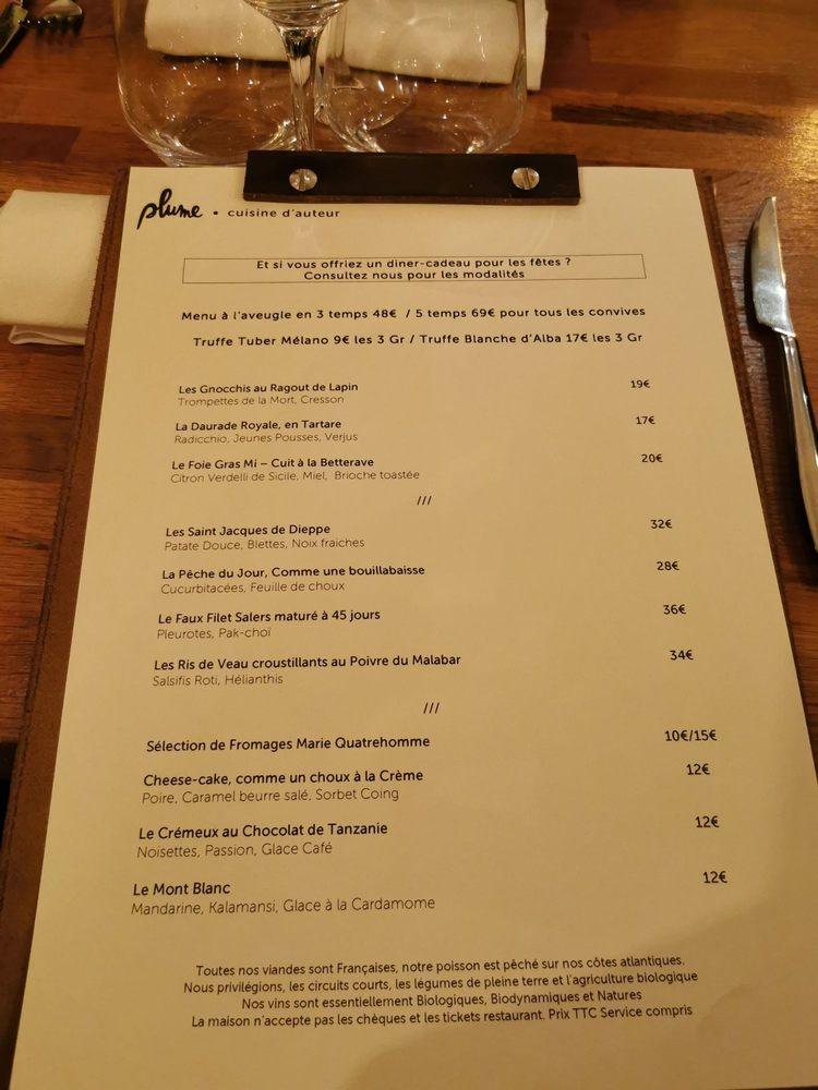 Menu at Restaurant Plume, Paris, 24 Rue Pierre Leroux
