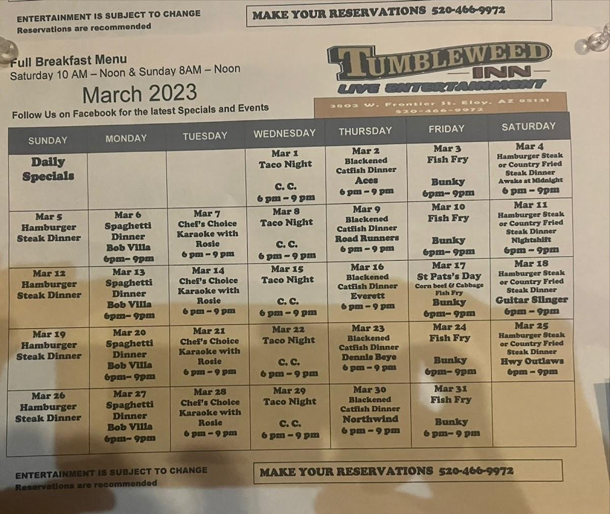 Menu at Tumbleweed Inn pub & bar, Eloy