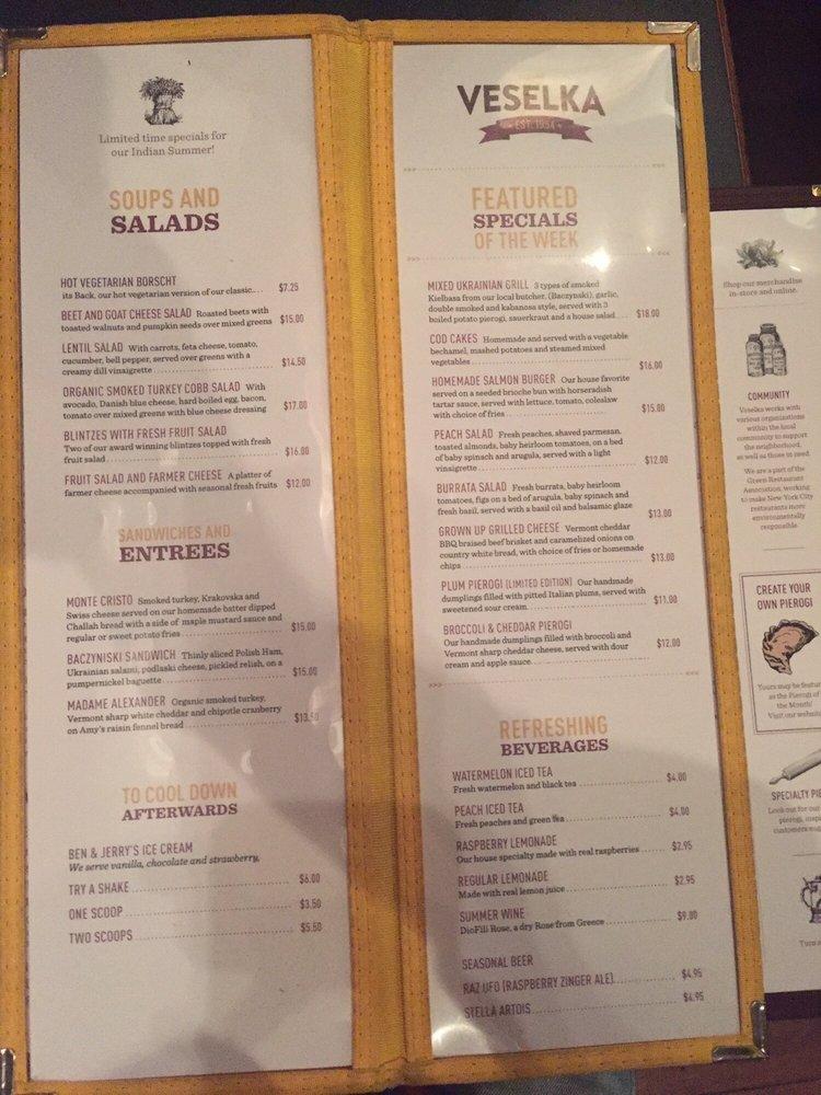 Menu at Veselka cafe, New York City, 144 2nd Ave