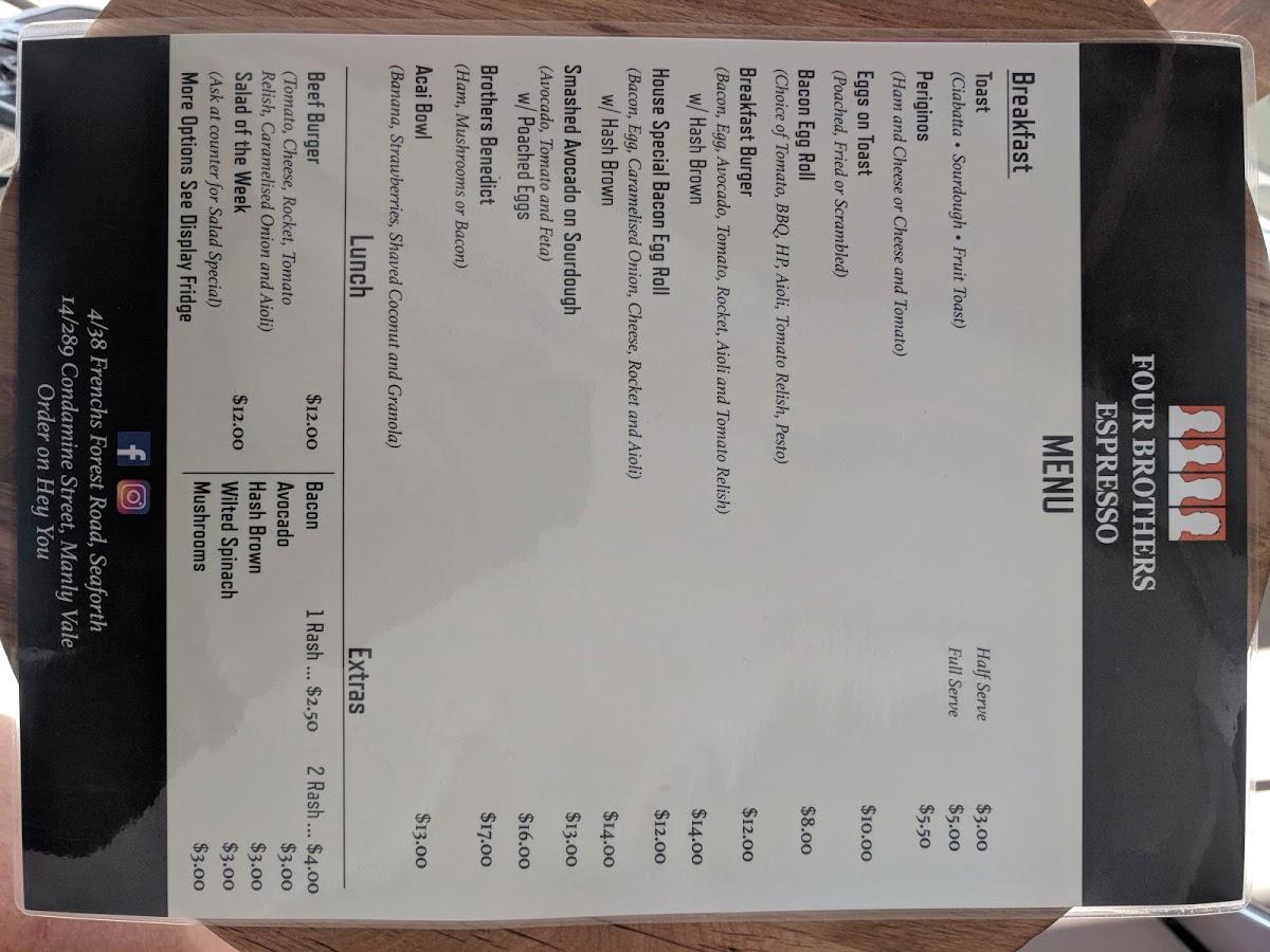 Menu at Four Brothers Espresso, Manly Vale