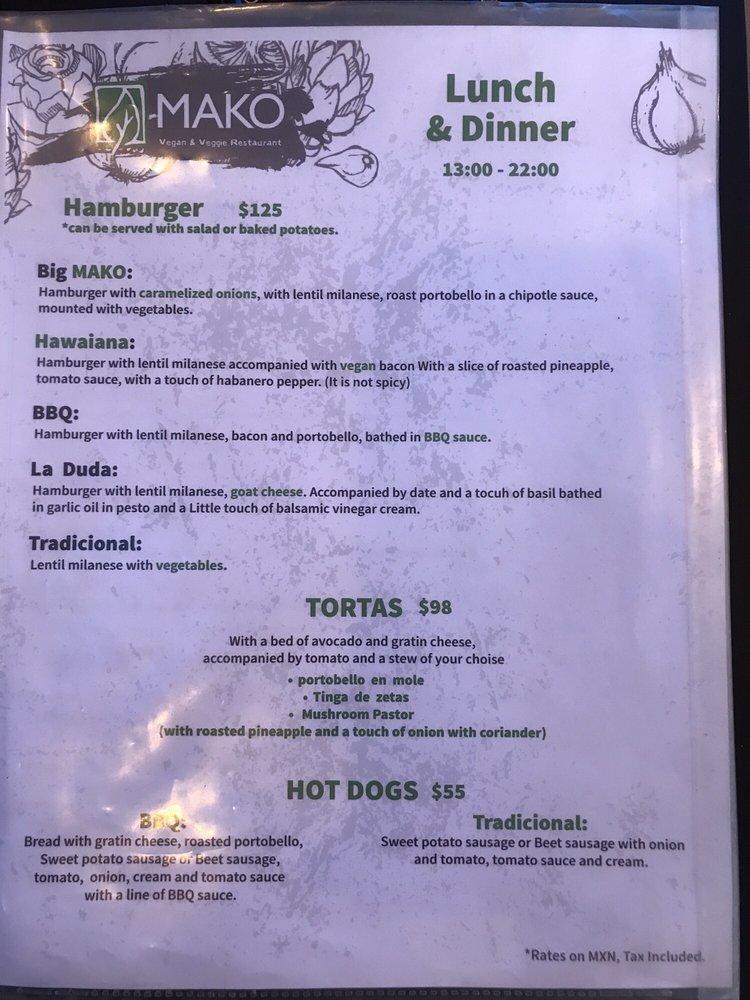 Menu at Mako pizzeria, Cabo San Lucas