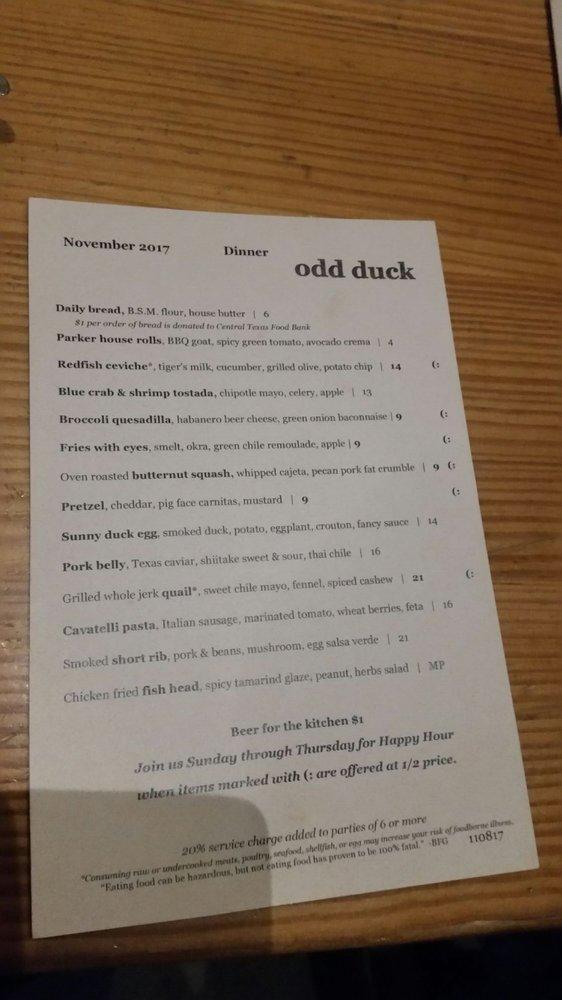 Menu at Odd Duck pub & bar, Austin