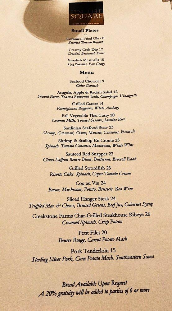 Menu at On the Square restaurant, Tarboro