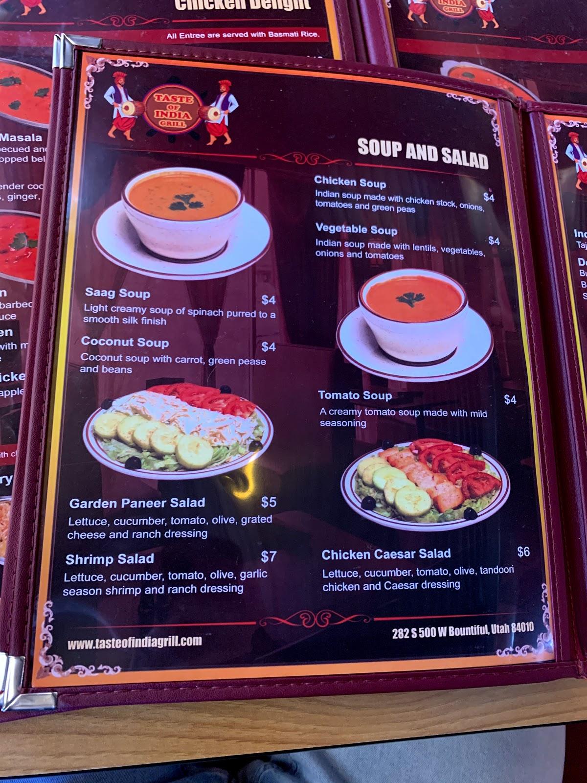 Menu at Taste of India Grill restaurant, Bountiful