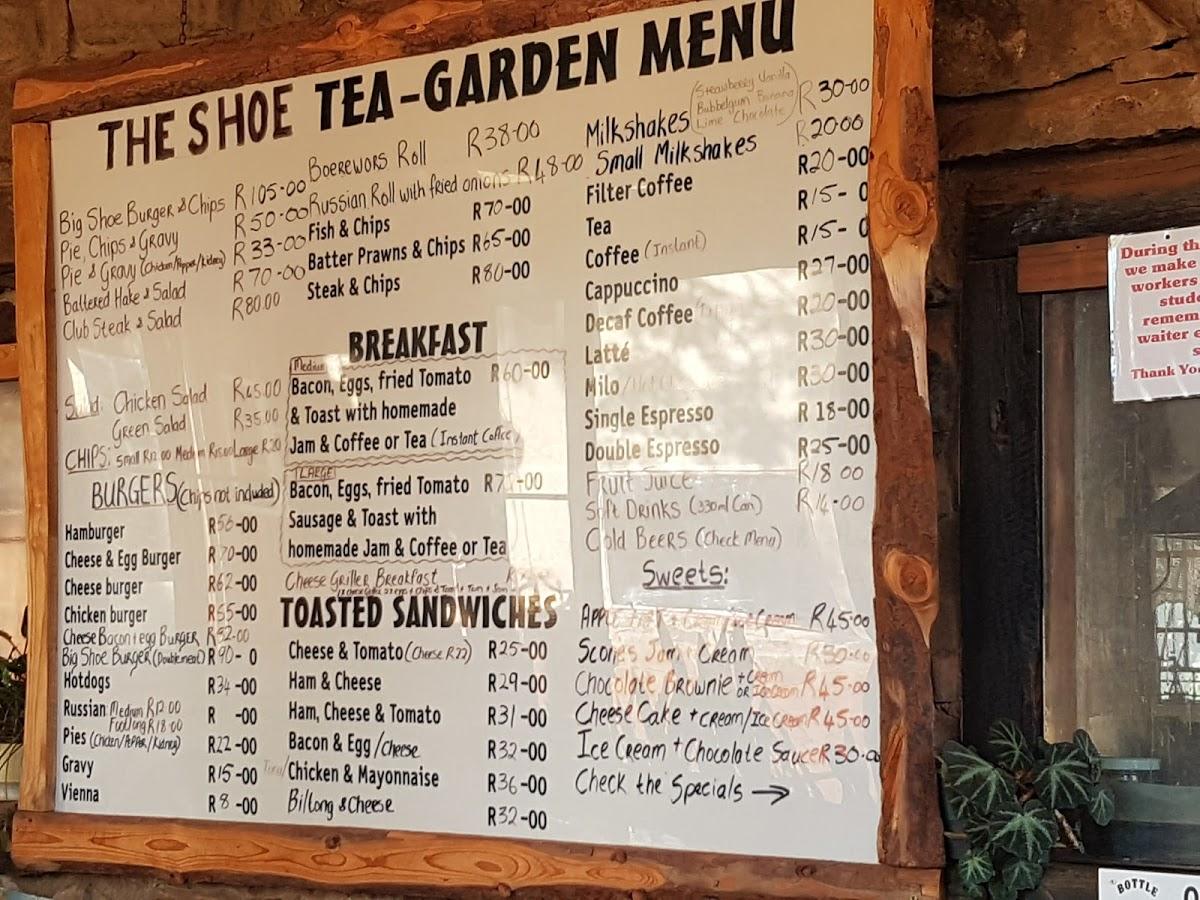 Menu at The Shoe, South Africa, R36 Main Road