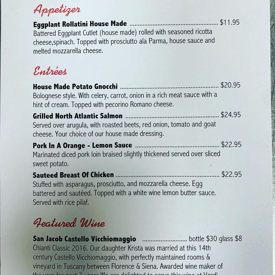 Menu at Verdi restaurant, Waterbury