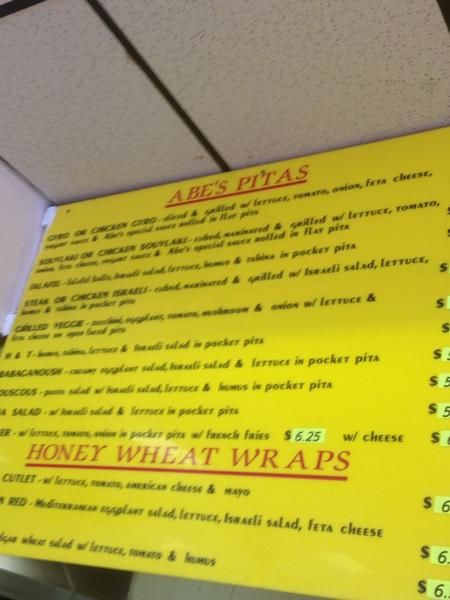 Menu at Abe's Pitaria restaurant, Long Beach