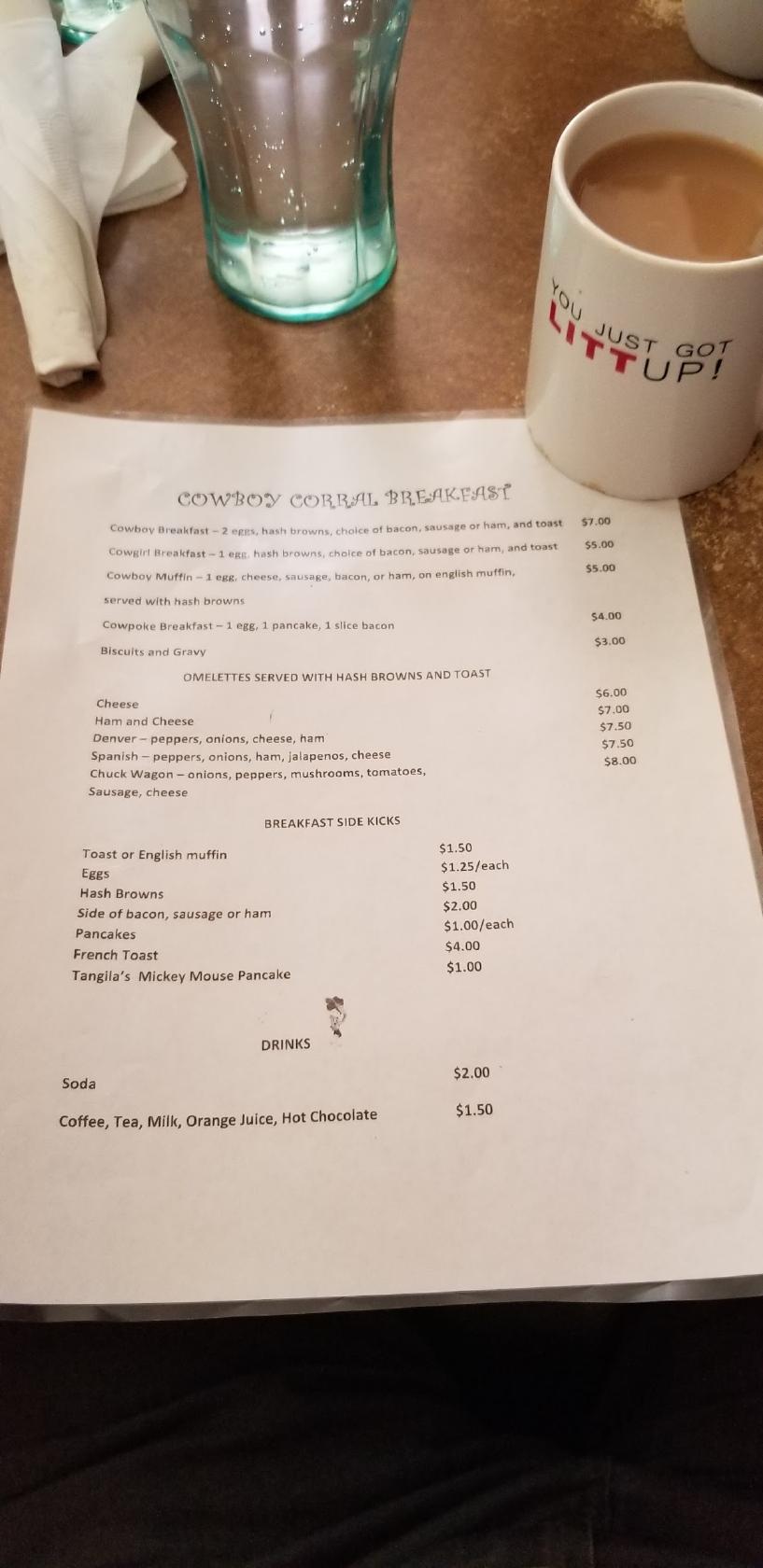 Menu at Cowboy Corral cafe, Elsinore, 19 N Center St