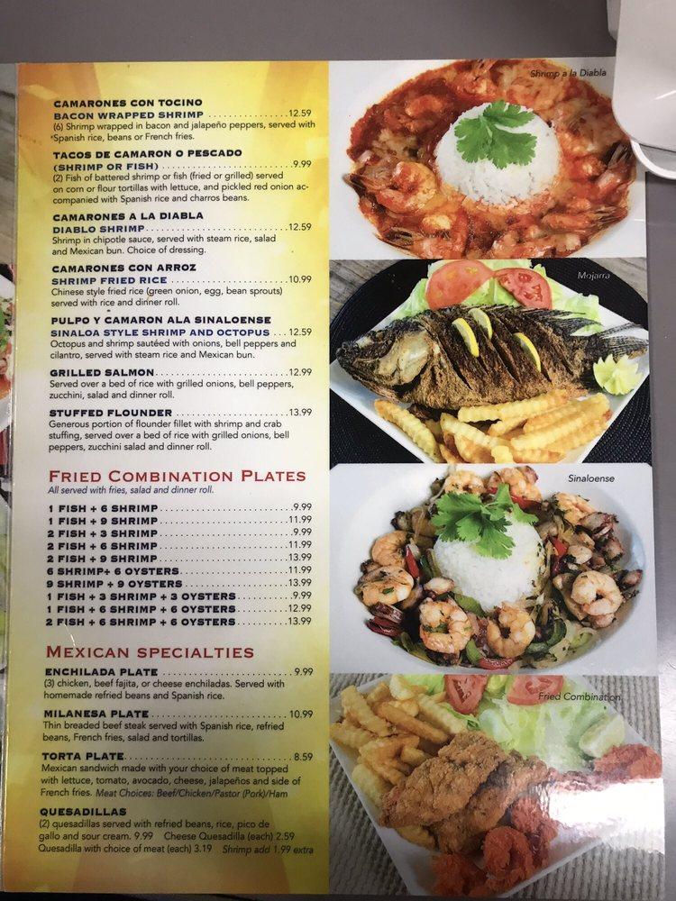 Menu at El Sinaloense restaurant, Baytown
