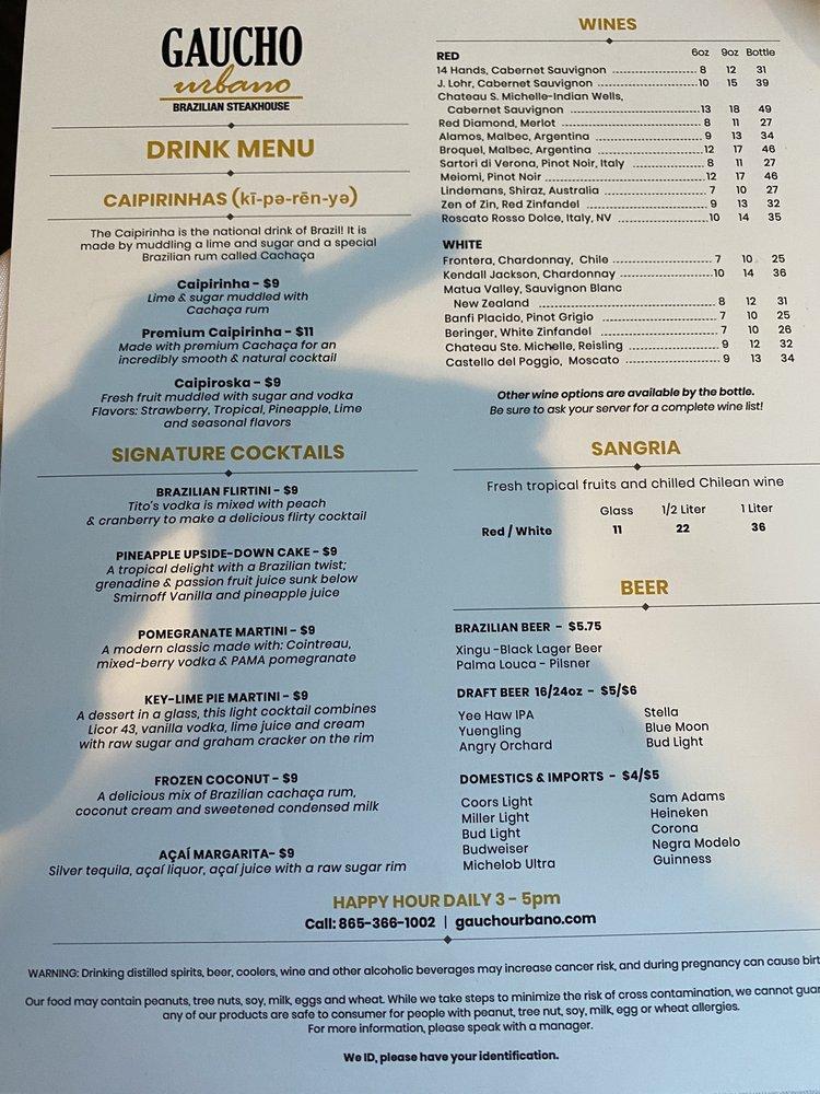 Menu at Gaucho Urbano - Brazilian Steakhouse, Pigeon Forge