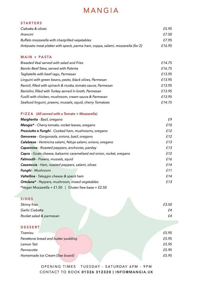 Menu at Mangia restaurant, Falmouth