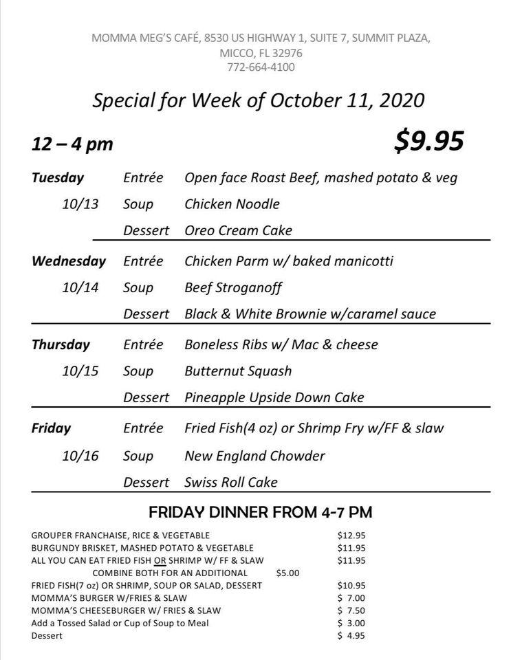 Menu at Momma Meg's Cafe, Micco