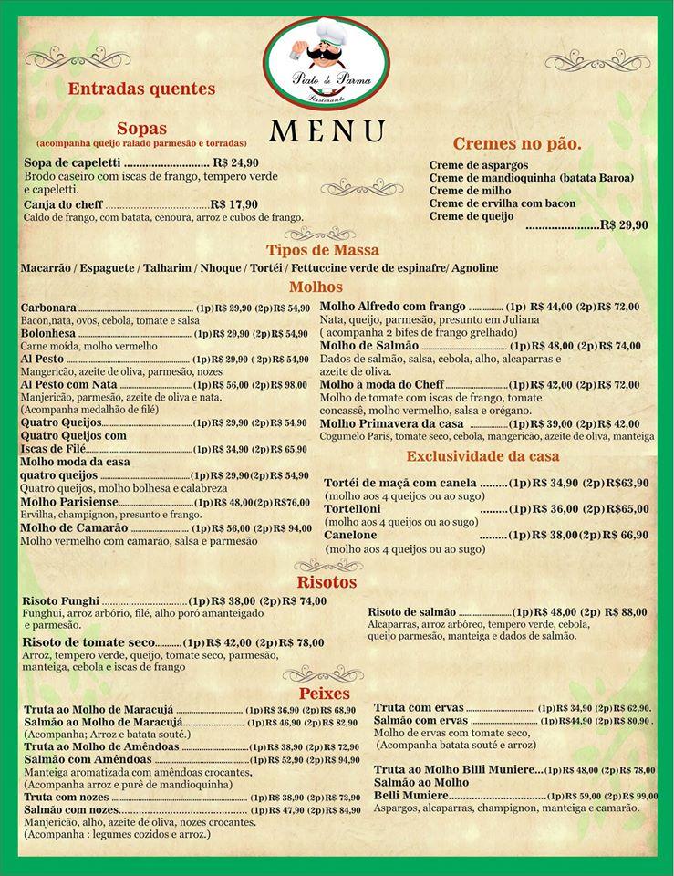 Menu at Piato De Parma restaurant, Gramado