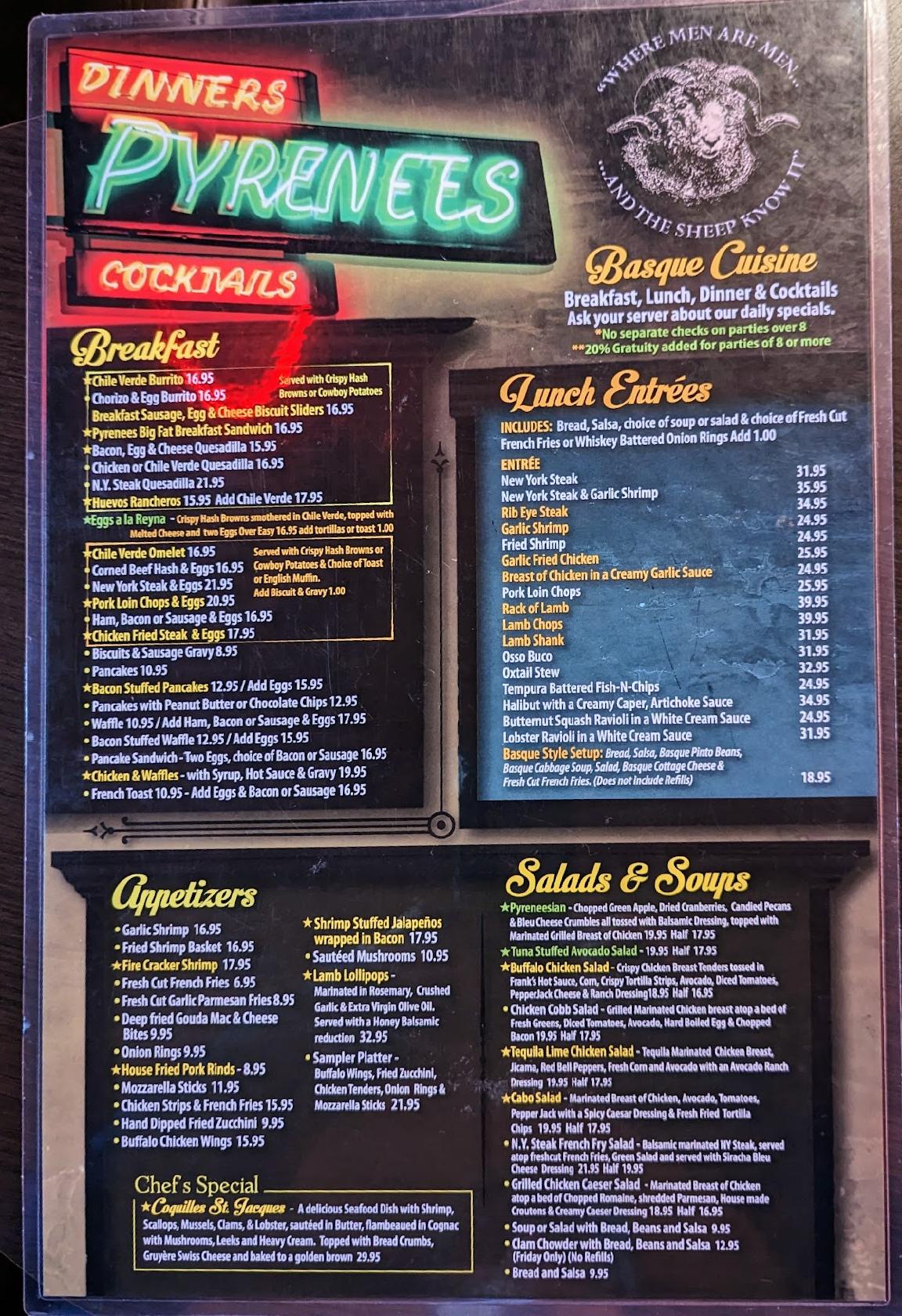 Menu at Pyrenees Cafe, Bakersfield