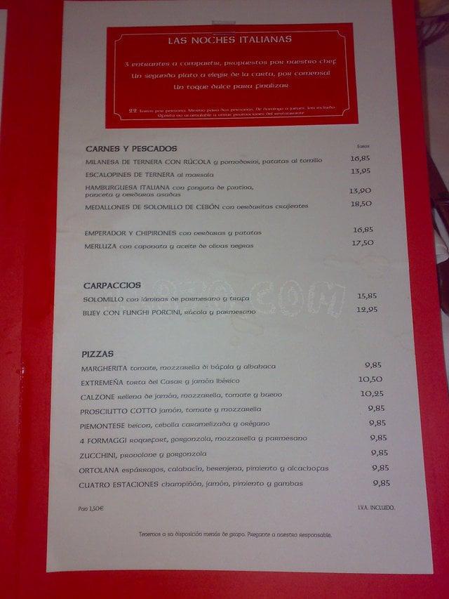 Carta del restaurante Rugantino, Madrid