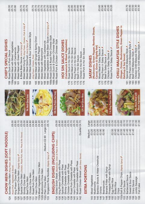 Menu at Sunrise Chinese Takeaway fast food, Clowne, 87 North Rd