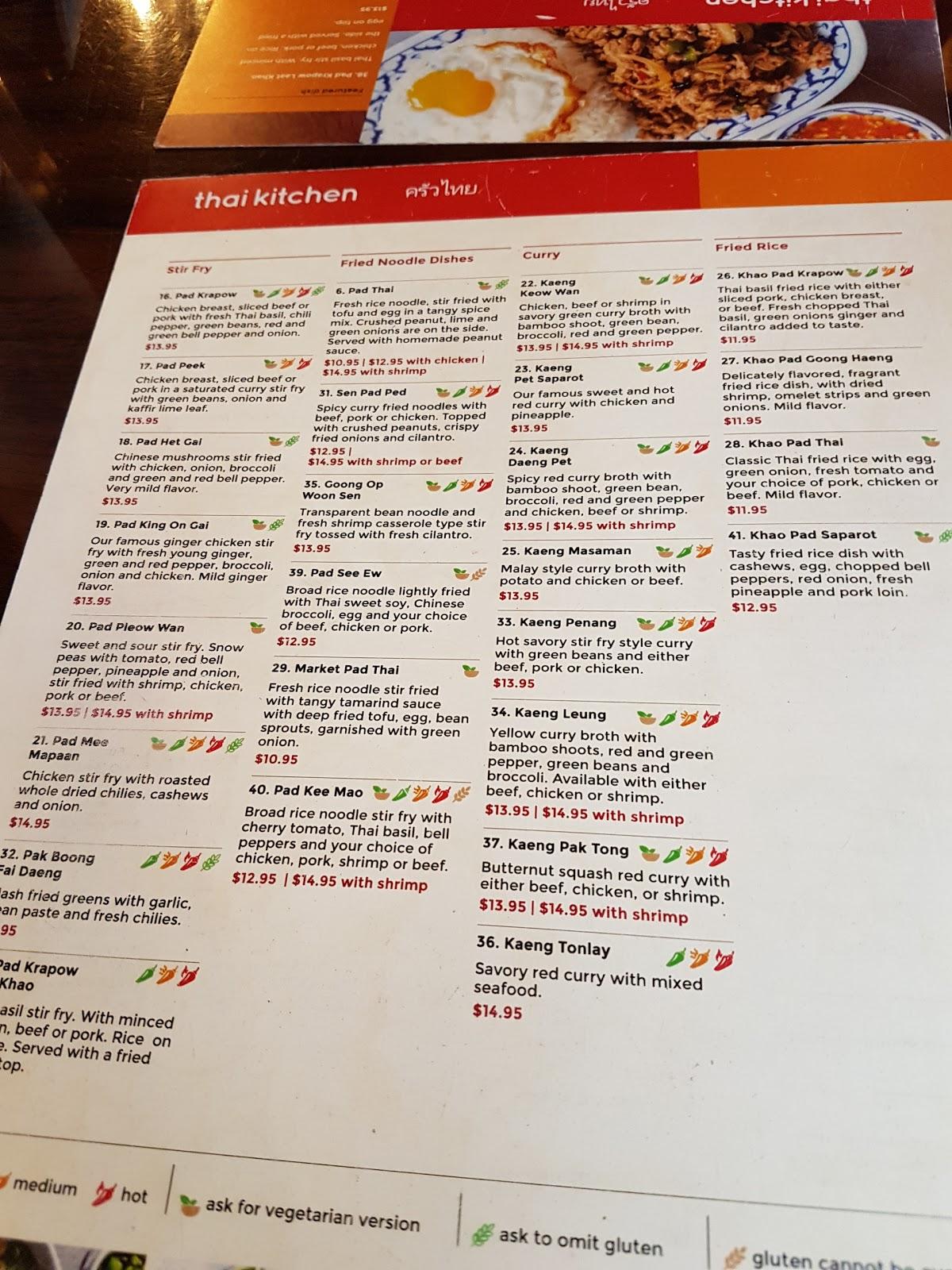 Menu at Thai Kitchen Restaurant, Thunder Bay