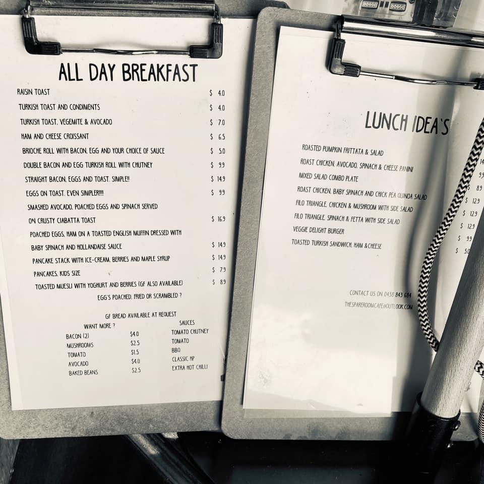 Menu at The Spare Room cafe, Grange