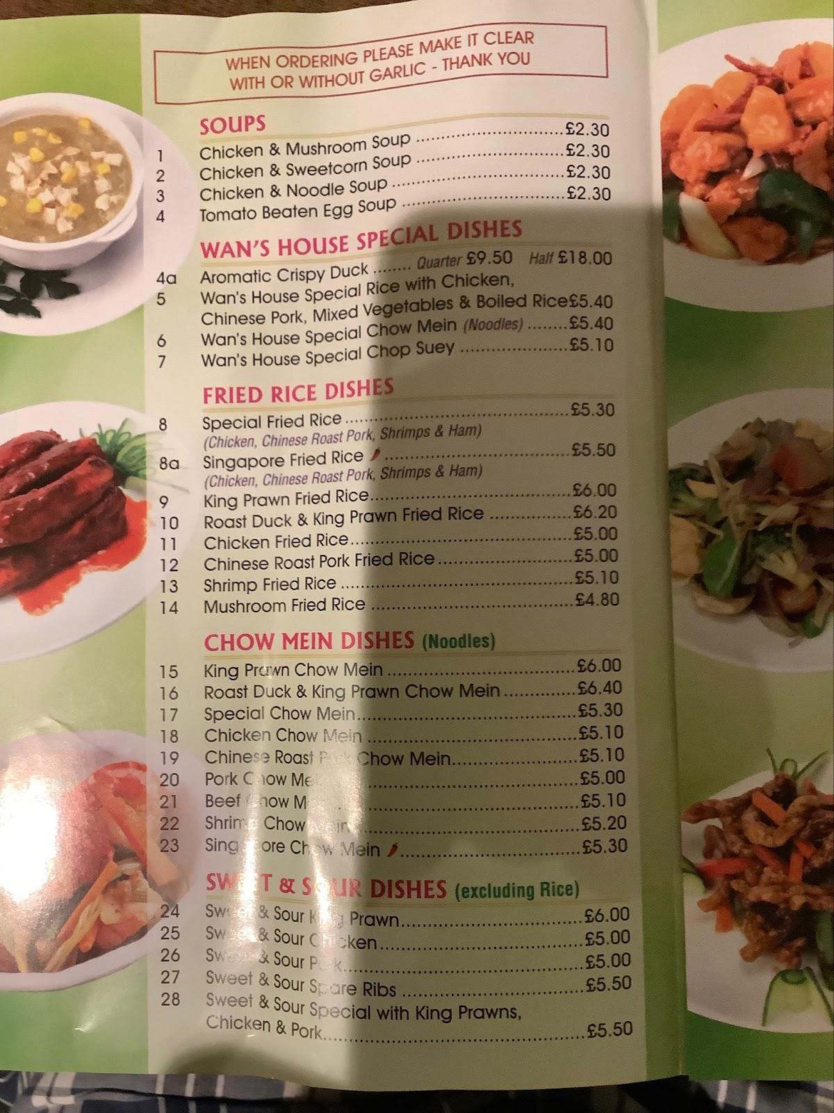 Menu at Wan's fast food, Exeter