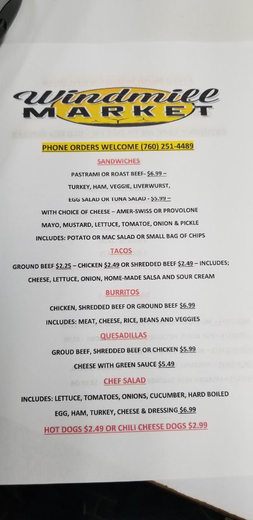 Menu at Windmill Market restaurant, Palm Springs