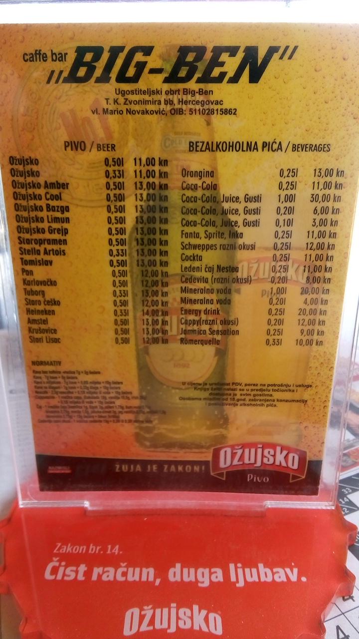 Menu at BAR BIG BEN, Hercegovac