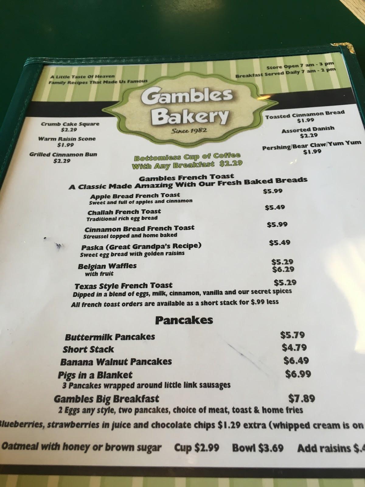 Menu at Gambles cafe, Queensbury