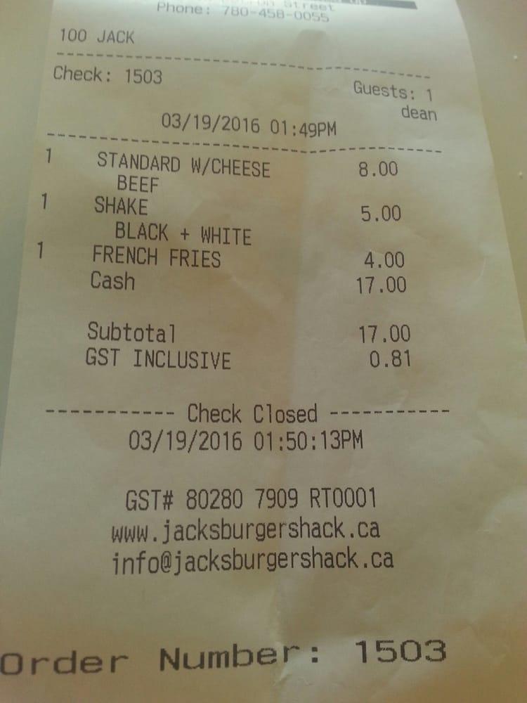 Menu at Jack's Burger Shack restaurant, St. Albert