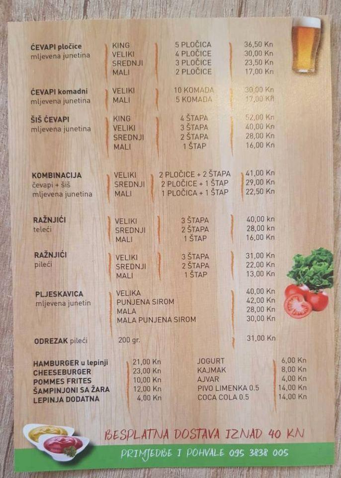Menu at Mrvica Grill restaurant, Zagreb, Ul. kneza Branimira 67