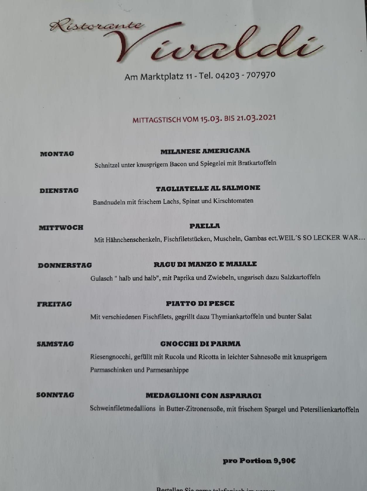 Speisekarte von Restaurant Vivaldie, Weyhe