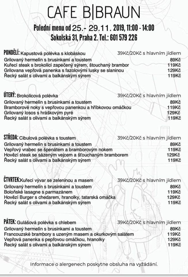 Menu at Café B Braun cafe, Prague