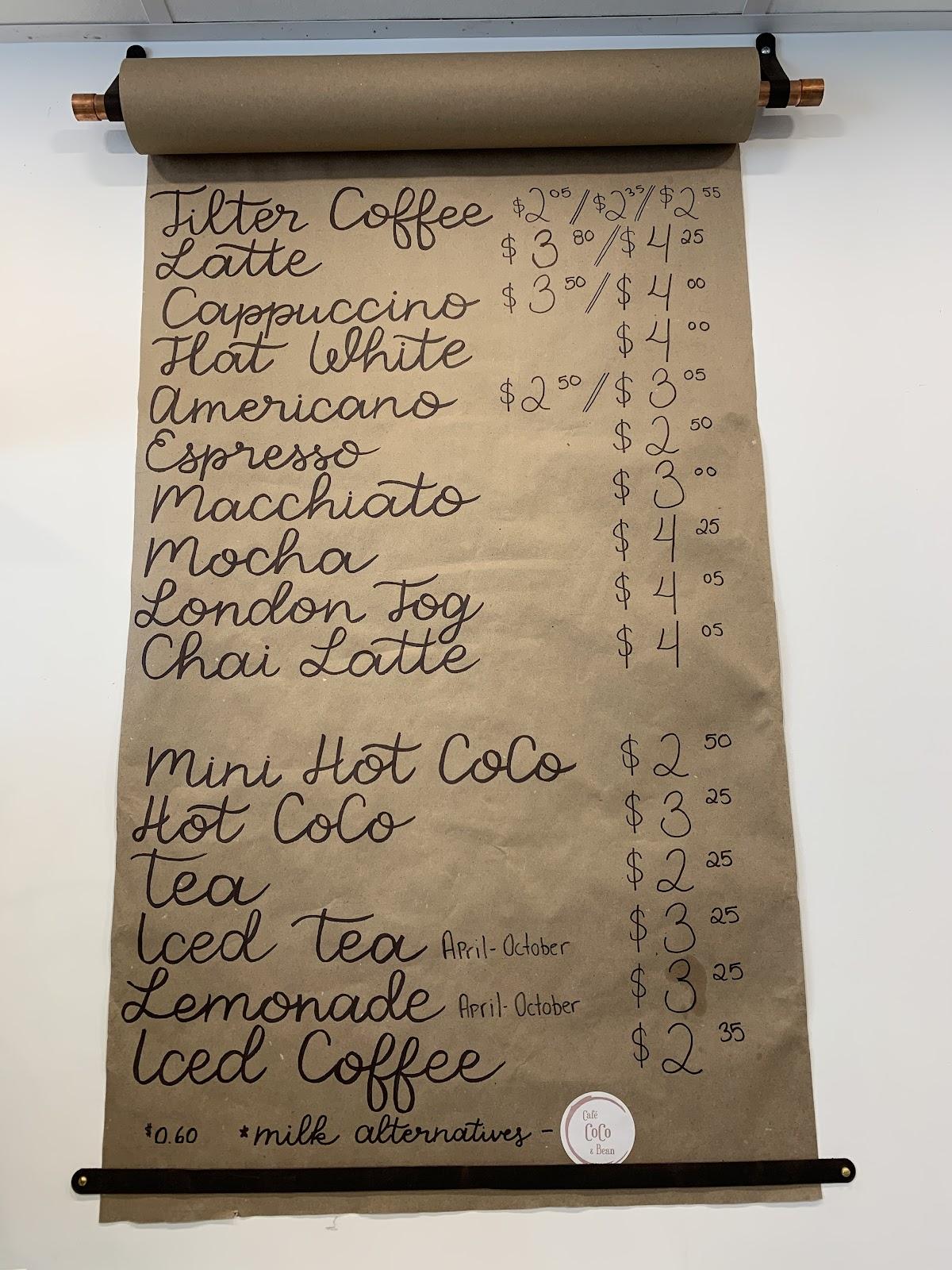 Menu at Café CoCo & Bean, Beaconsfield