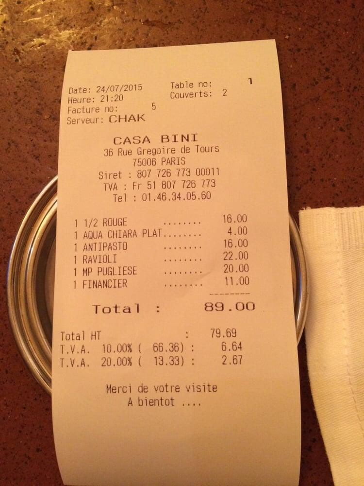 Menu at Casa Bini restaurant, Paris