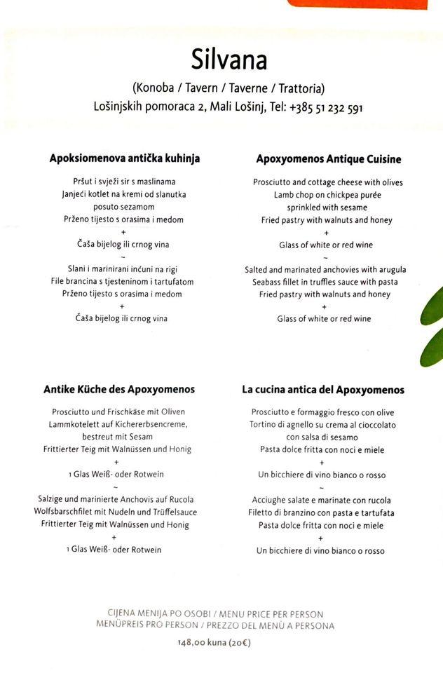 Menu at Konoba Silvana restaurant, Mali Losinj