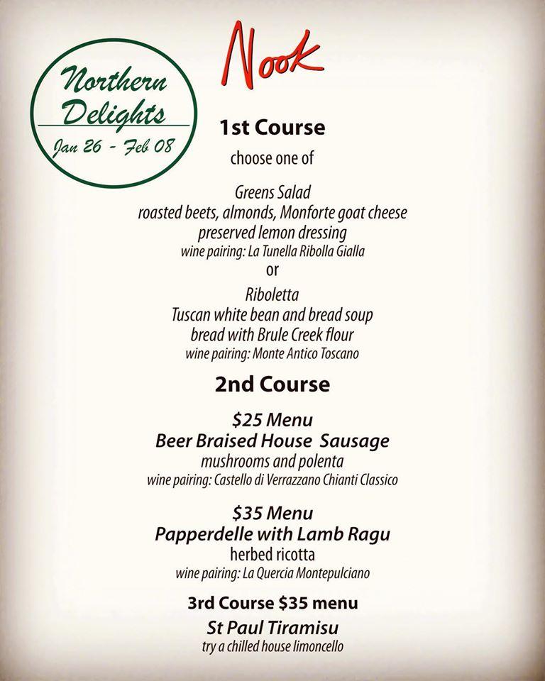 Menu at Nook restaurant, Thunder Bay