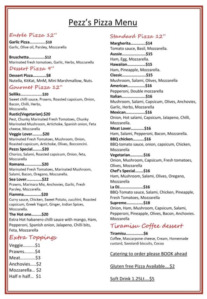 Menu at Pezz’s Pizza pizzeria, Sellicks Hill