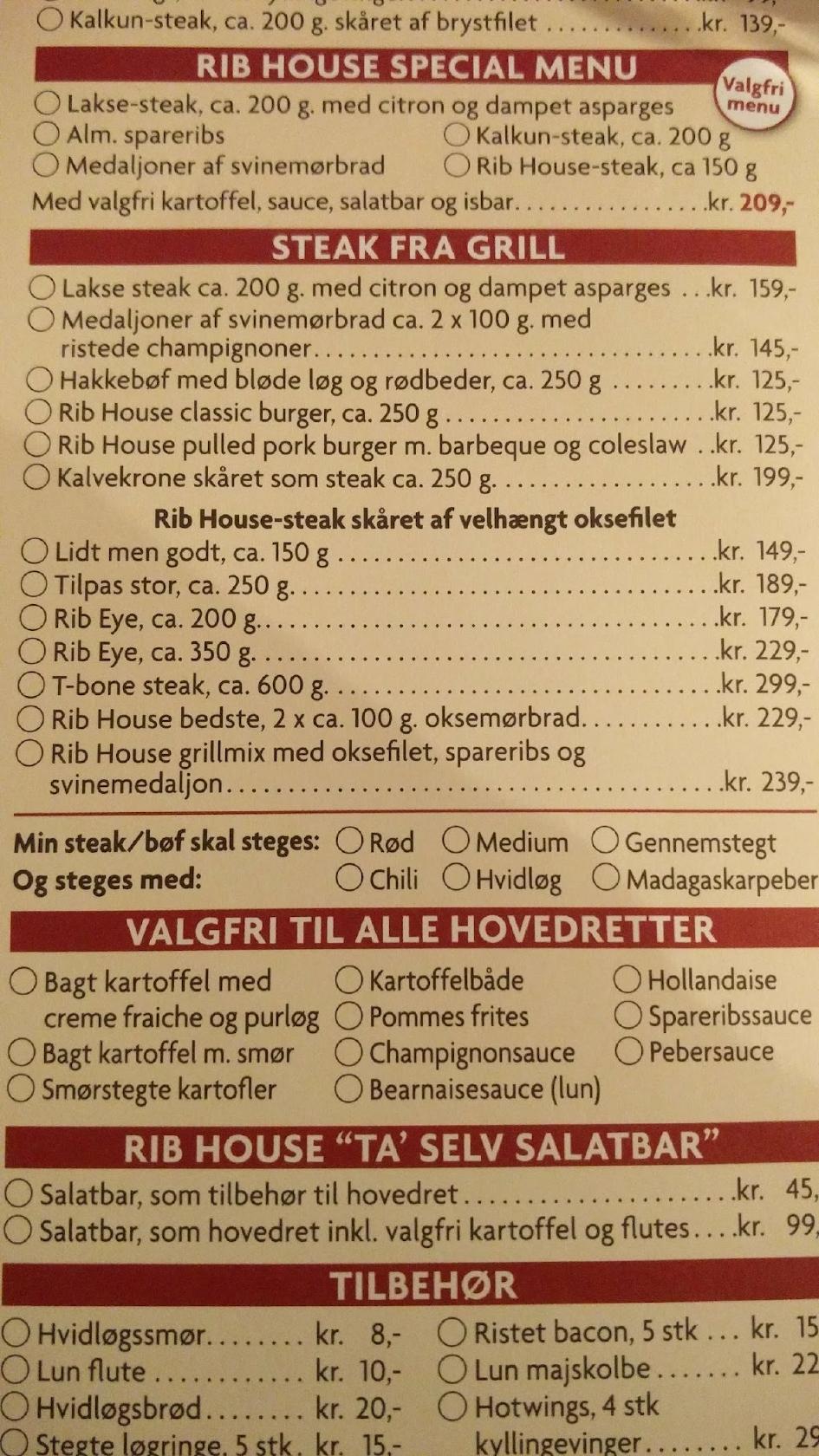 Menu at Rib House steakhouse, Roskilde