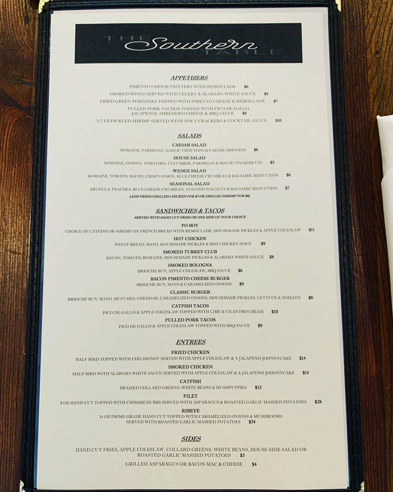 Menu at The Southern Table restaurant, Pulaski