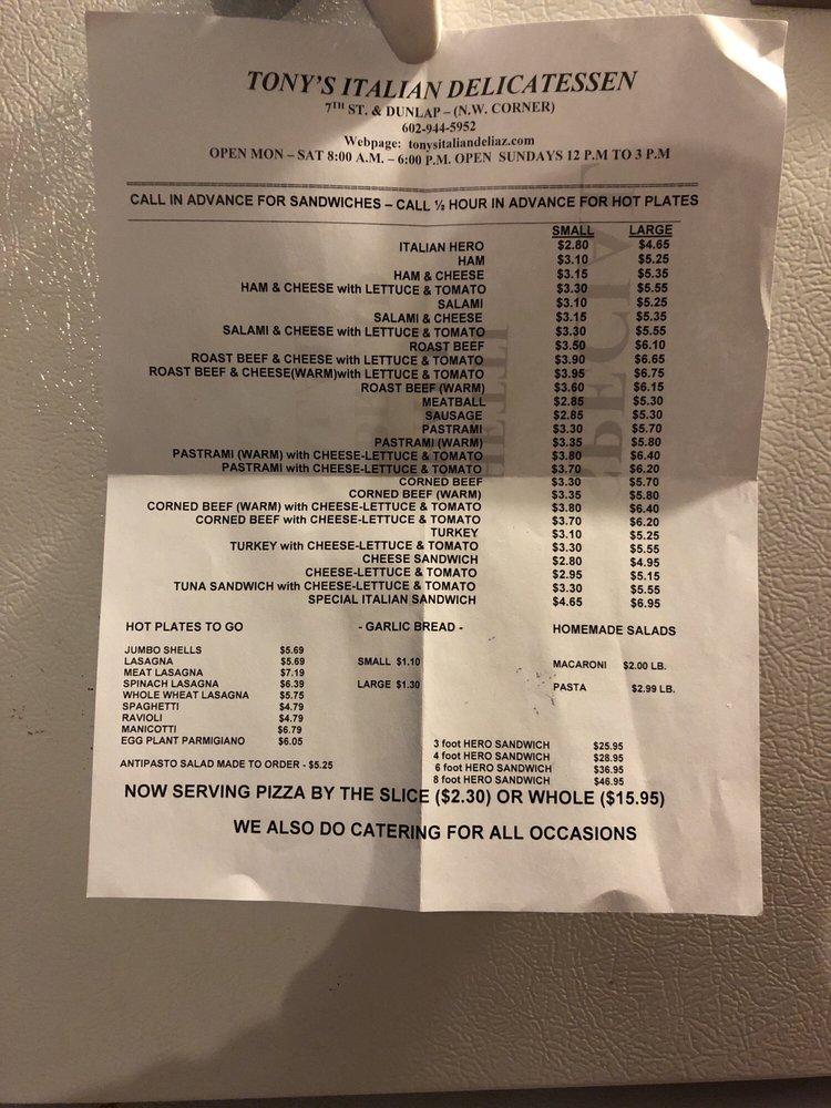 Menu at Tony's Italian Delicatessen restaurant, Phoenix