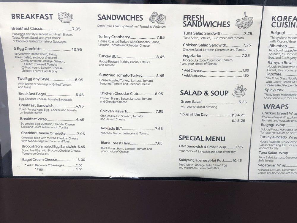 Menu at K Cafe, Vancouver