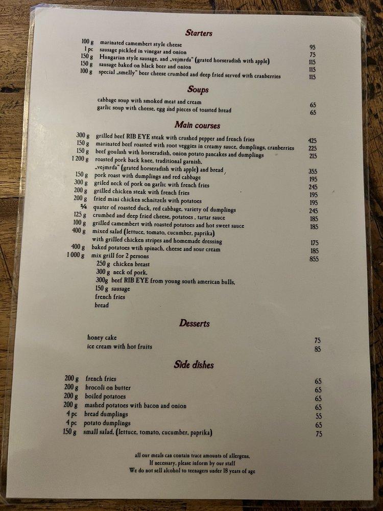 Menu at Krčma pub & bar, Prague, Kostečná 925/4