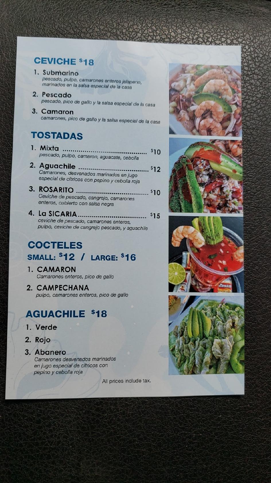 Menu at Mariscos El Submarino restaurant, New York City
