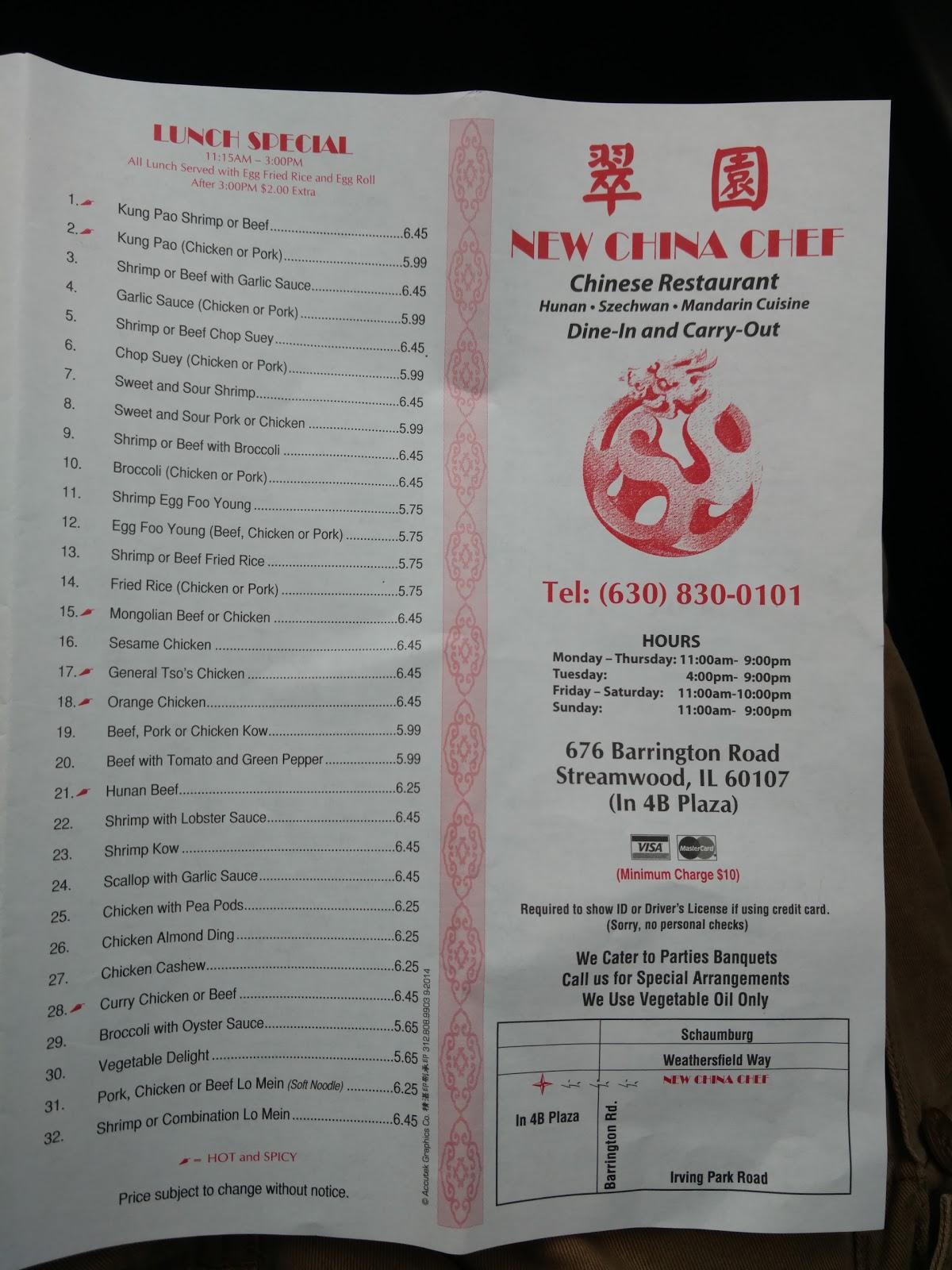 Menu at New China Chef restaurant, Streamwood