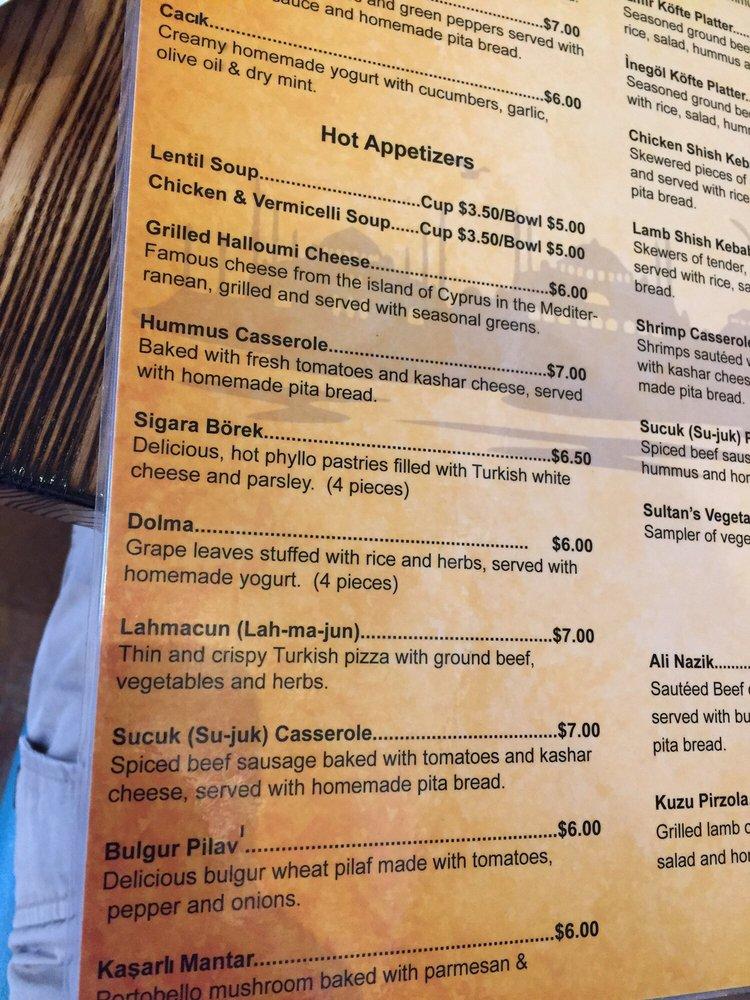 Menu at Sultan Kebab restaurant, Charlottesville, 333 2nd St SE