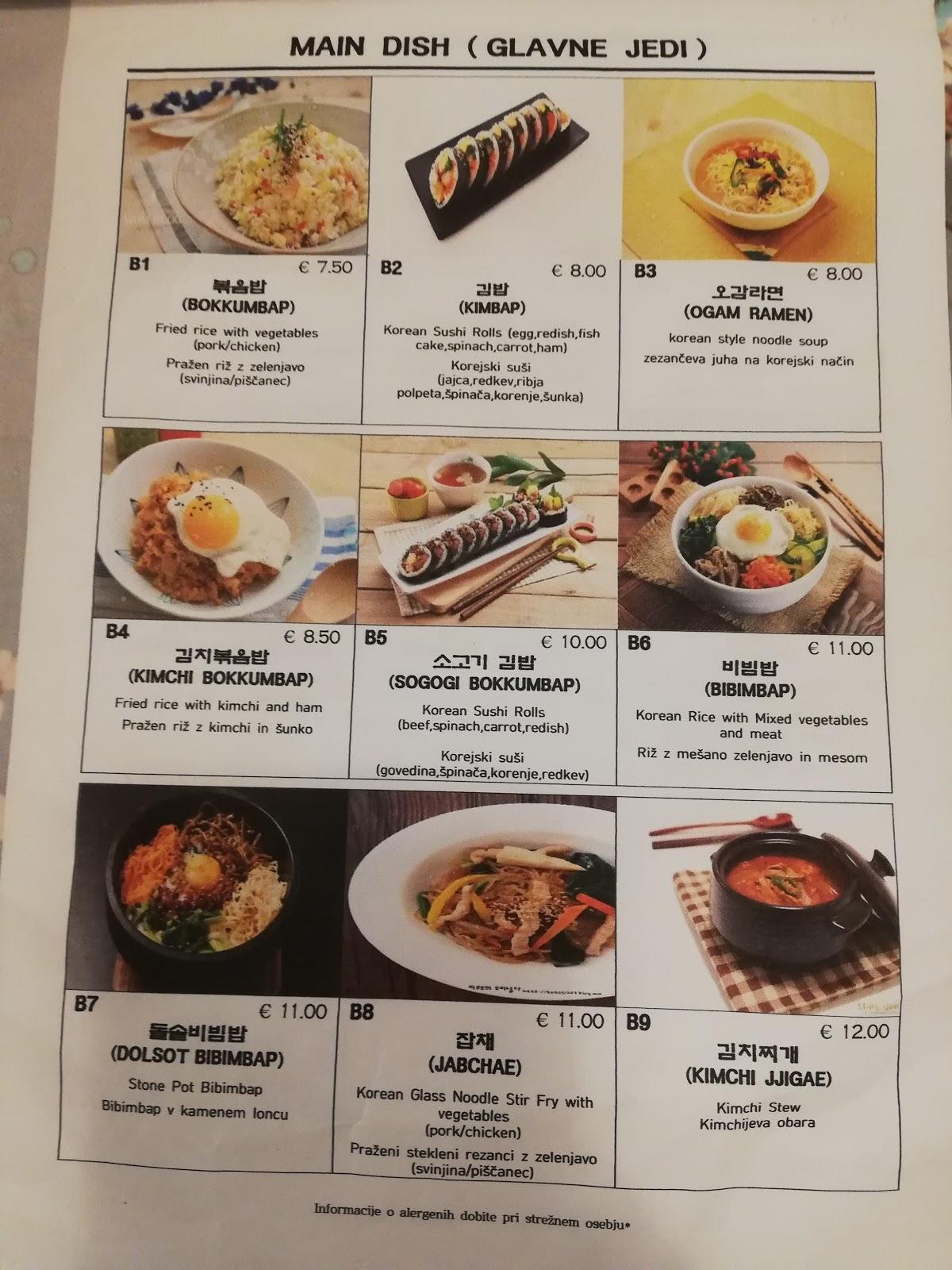 Menu at Ogam Korean Restaurant, Ljubljana