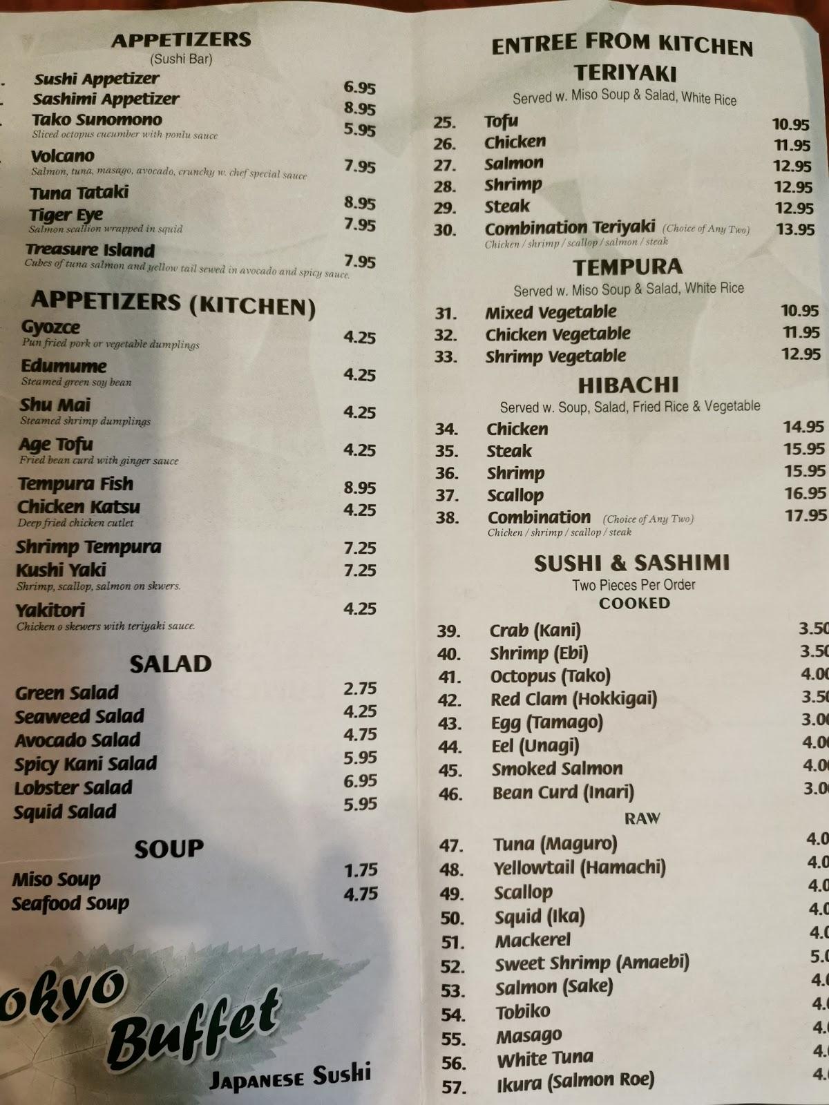Menu at Asian Buffet restaurant, Magnolia