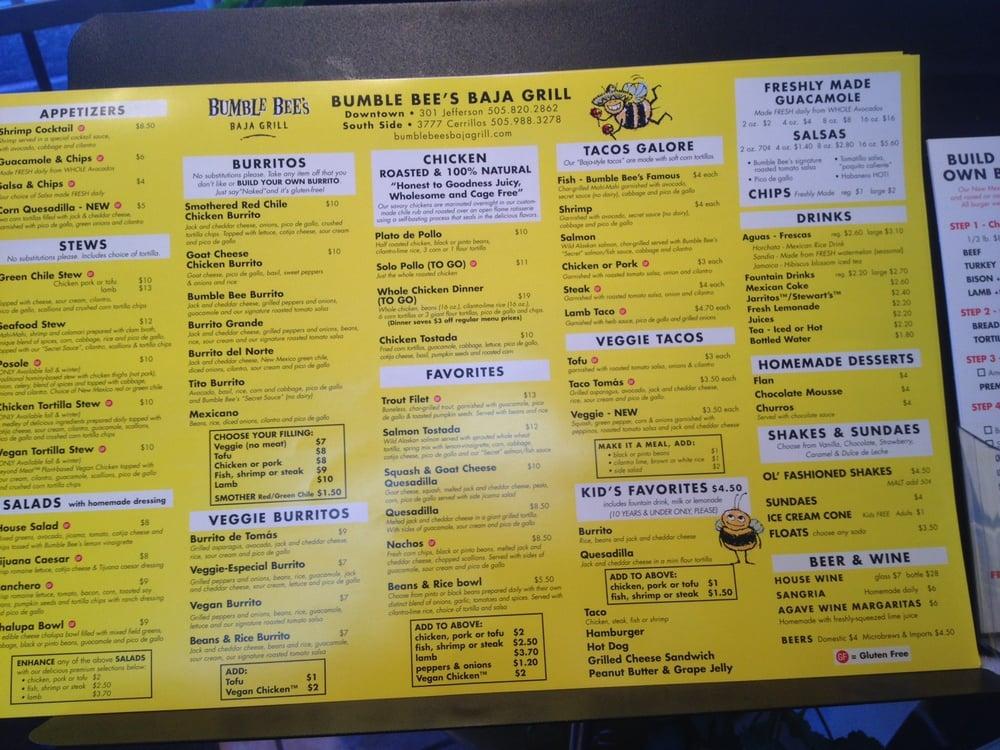 Menu at Bumble Bee's Baja Grill restaurant, Santa Fe, 301 Jefferson St