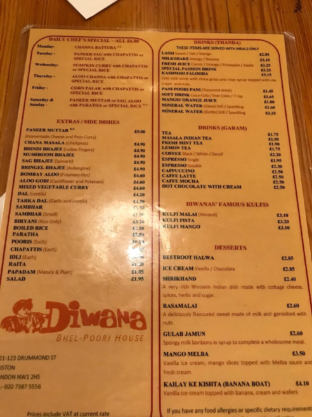 Menu at Diwana Bhel Poori House restaurant, London, 121-
